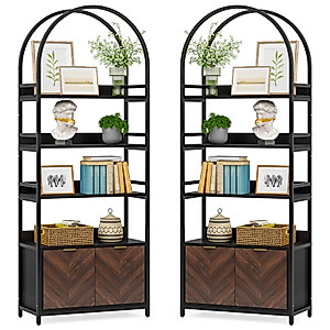 Tribesigns 2PC Bookshelf with Door, 75.9 Inch Tall Etagere Bookcase with Storage Cabinet Shelf, 4-Tier Display Shelf for Bedroom Living Room (Black, 2PC)