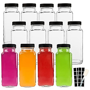 HINGWAH 8.5 OZ Glass Drink Bottles, Set of 12 Vintage Glass Water Bottles with Lids, Great for storing Juices, Milk, Beverages, Kombucha and More ( Labels and Sponge Brush Included)