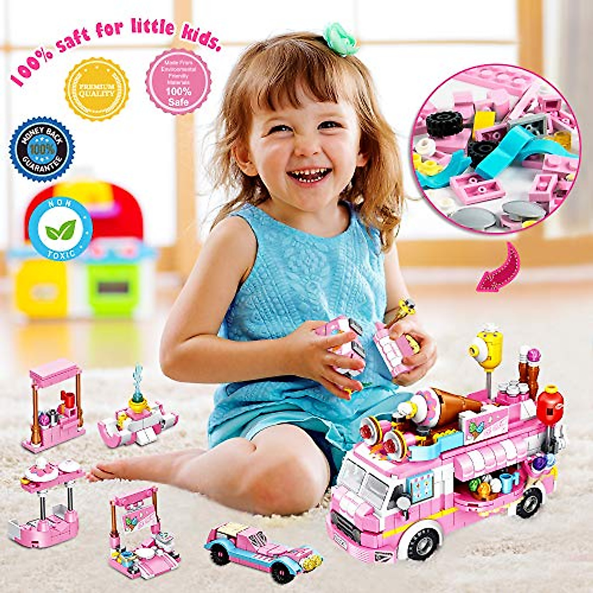 Vatos Girls Building Blocks Toys - 553 Pieces Ice Cream Truck Set Toys for Girls 25 Models Pink Building Bricks Toys STEM Toys Valentines Day Gifts for Kids Girls Age 6-12 and Up