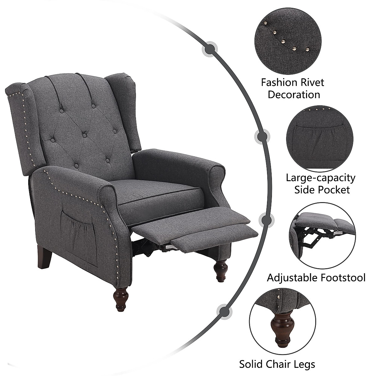 Consofa Wingback Recliner Chair with Massage and Heat Tufted Fabric Push Back Arm Chair for Living Room Vintage Recliner Chair with Remote Control, Padded Cushion, Backrest, Wooden Legs