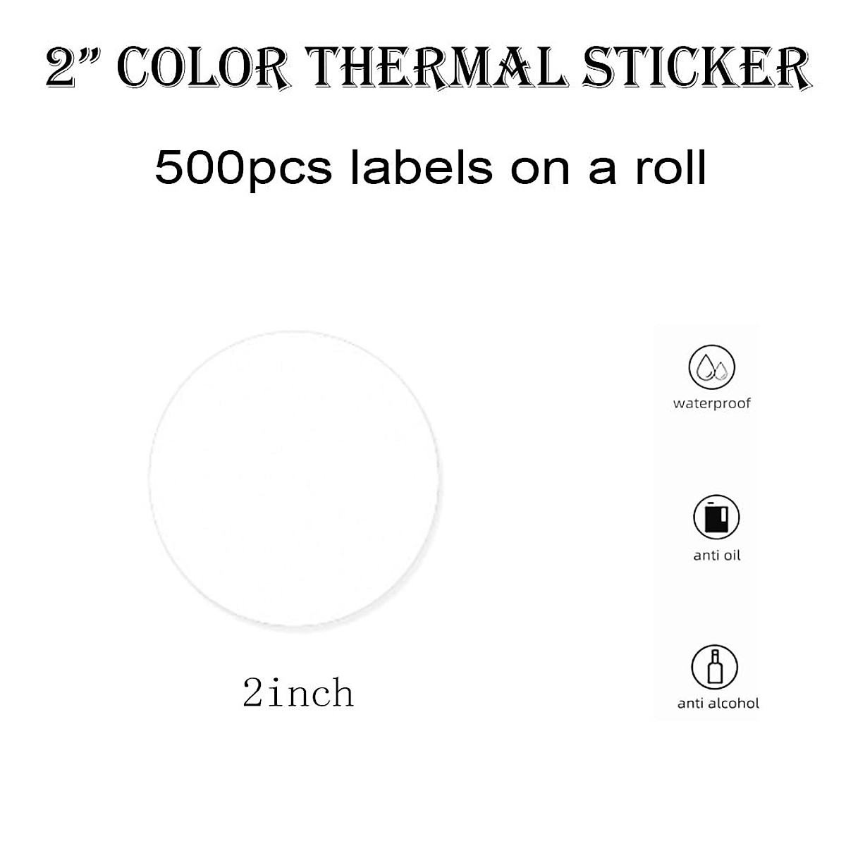 2 Inch Circle Thermal Labels, Self-Adhesive Round Thermal Printer Stickers, 500 per Roll Thermal Label Stickers for DIY Logo Design, Business and Name Tag