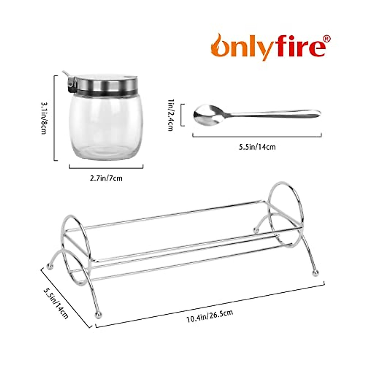 only fire Condiment Jar Spice Container with Lids, Stainless Steel Serving Spoons, Base Rack and Labels - Glass Seasoning Bottles Kitchen Accessories | Set of 3