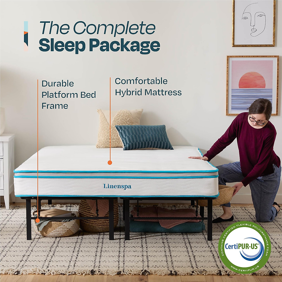 Linenspa 8” Memory Foam and Innerspring Hybrid Mattress + 14” Black Metal Platform Bedframe – Full Mattress + Metal Folding Full Bedframe