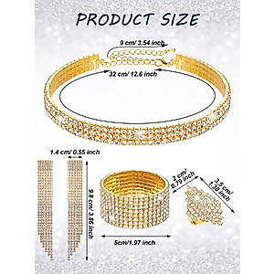 Hicarer 3 Pieces Women Rhinestone Jewelry Set Rhinestone Choker Stretch Bracelet Bangle Crystal Rhinestone Necklace Ring Dangle Fringe Earrings for Wedding Bridal Birthday Party Accessories