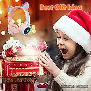 Pink Stereo Gaming Headset with Mic, 3.5MM Sound Cat Ear Wireless Foldable Bluetooth Headphones Lightweight Self-Adjusting Over Ear Headphones for PC, TV, Phone,Online Distant Learning