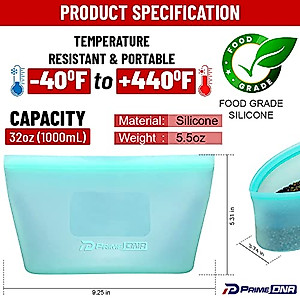 Reusable Silicone Food Storage Bags (Large 32oz = 1 Quart). These Zip Top Reusable Silicone Containers Make Great Freezer, and Oven Bags and Can Handle Extreme Temperatures. Airtight Zip Seal.