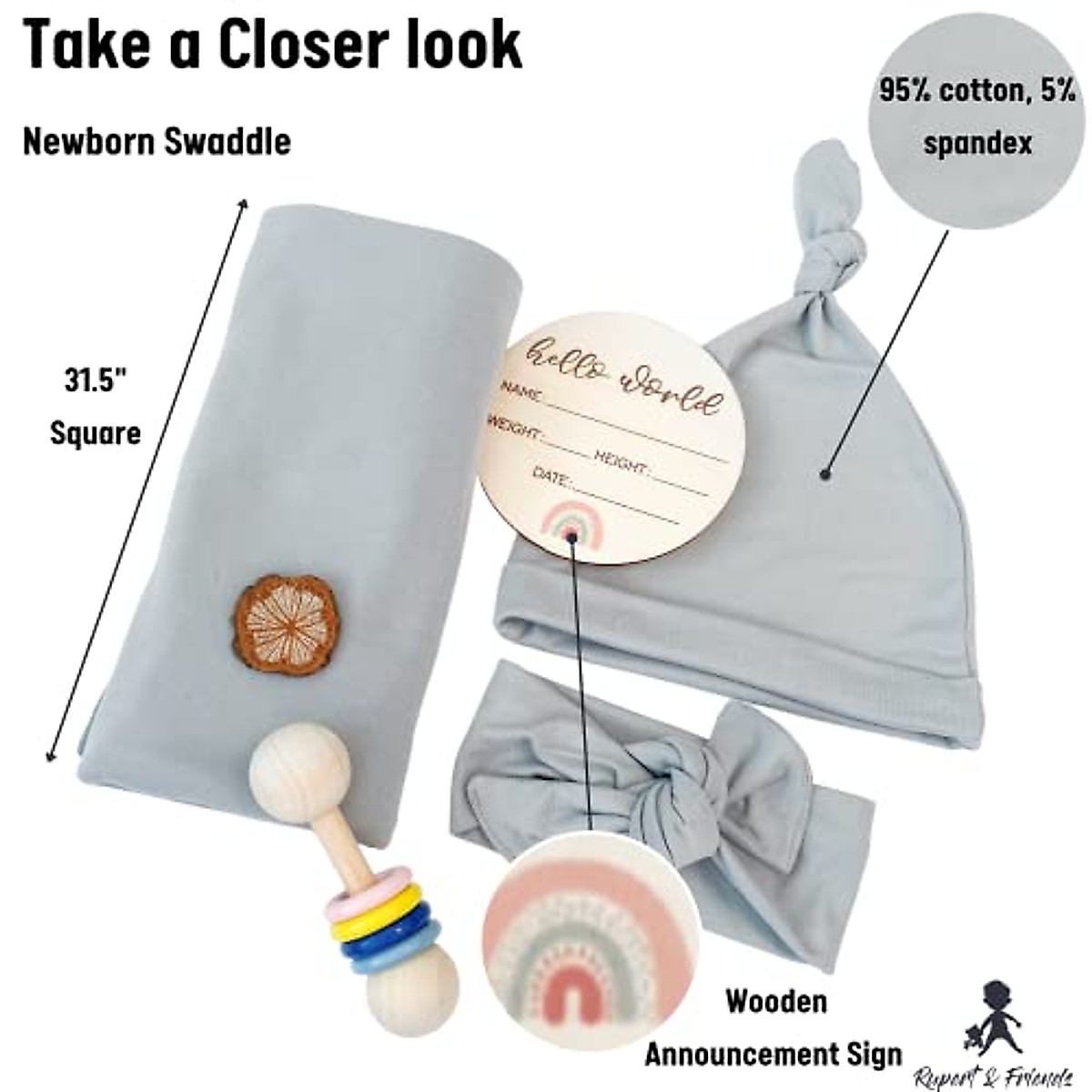 Rupert & Friends - Soft Newborn Swaddle Set Boy - Premium 5 Piece Set Including Receiving Blanket and Hello World Newborn Sign - Keep Your Newborn Safe and Warm in a Baby Muslin Blankets