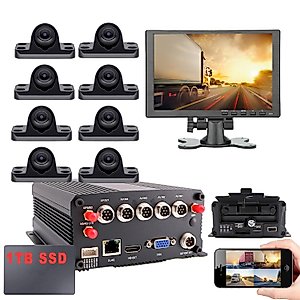 JOINLGO 8-CH Mobile DVR Backup Camera System 10" HD Screen Remote Monitor on PC Phone GPS WiFi 4G SIM 1080 Vehicle Car DVR MDVR Video Recorder with Mini Waterproof Car Cameras for Truck/RV/Bus
