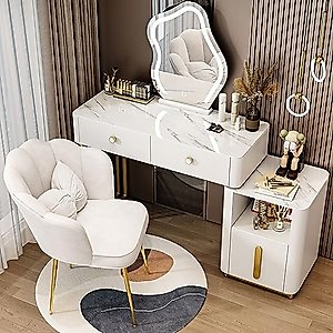 Winfree Makeup Vanity with 3 Color Light Adjustable Brightness Mirror,Vanity Table with Storage Cabinet and Chair,Deal for Home Bedroom Decor (47.2inch)