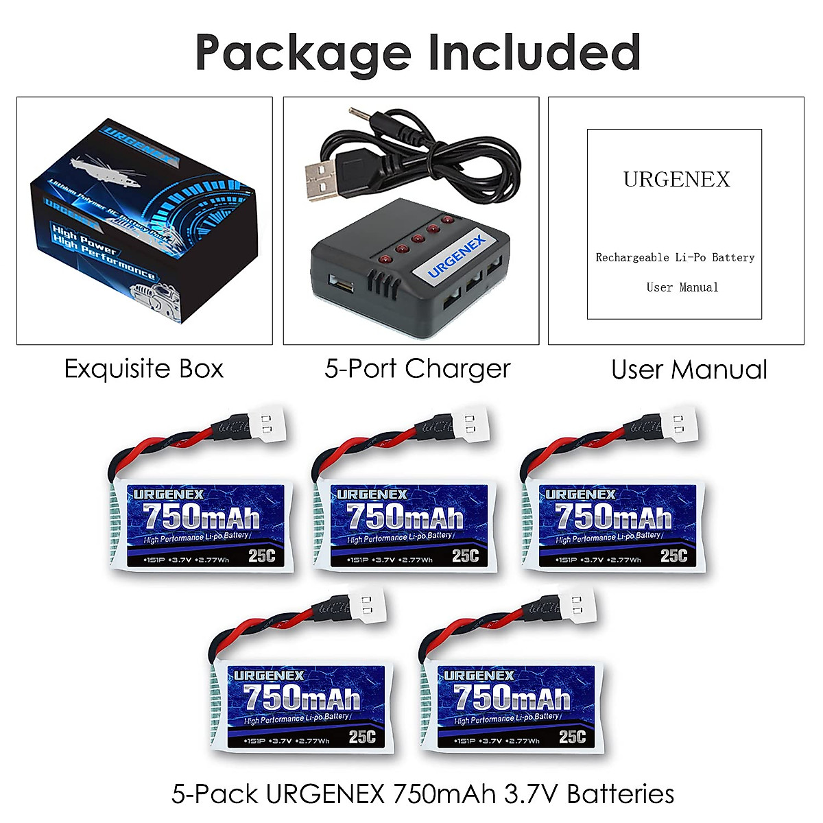 URGENEX 3.7V Lipo Battery 750mAh 25C Rechargeable 5 Pack Lipo Batteries with Molex Plug 5 in 1 Charger for Syma X5 X5SW X5C X5C1 RC Quadcopter Drone Spare Parts