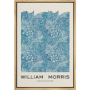 IDEA4WALL Framed Canvas Print Wall Art Blue Marigold Flowers by William Morris Historic Cultural Illustrations Fine Art Traditional Colorful for Living Room, Bedroom, Office - 24"x36" Natural