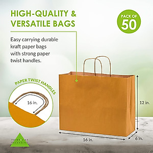 Orange Gift Bags - 16x6x12 Inch 50 Pack Kraft Paper Shopping Bags with Handles, Large Craft Totes in Bulk for Boutiques, Small Business, Retail Stores, Birthday Parties, Jewelry, Merchandise