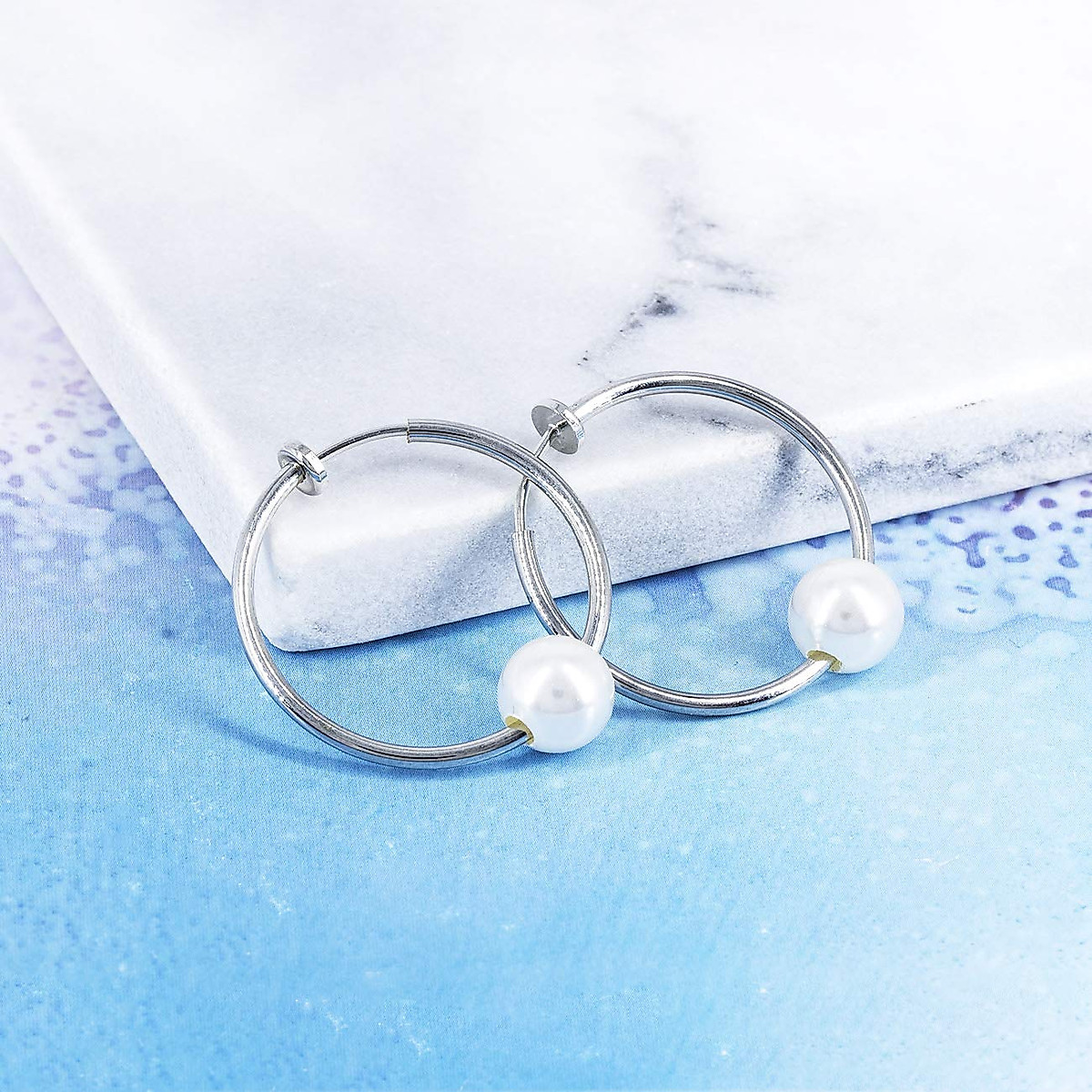 YOQUCOL 2 Pairs Clip On Hoop Earrings for Women Simulated Freshwater Pearl Non Pierced Ears Spring Hoops