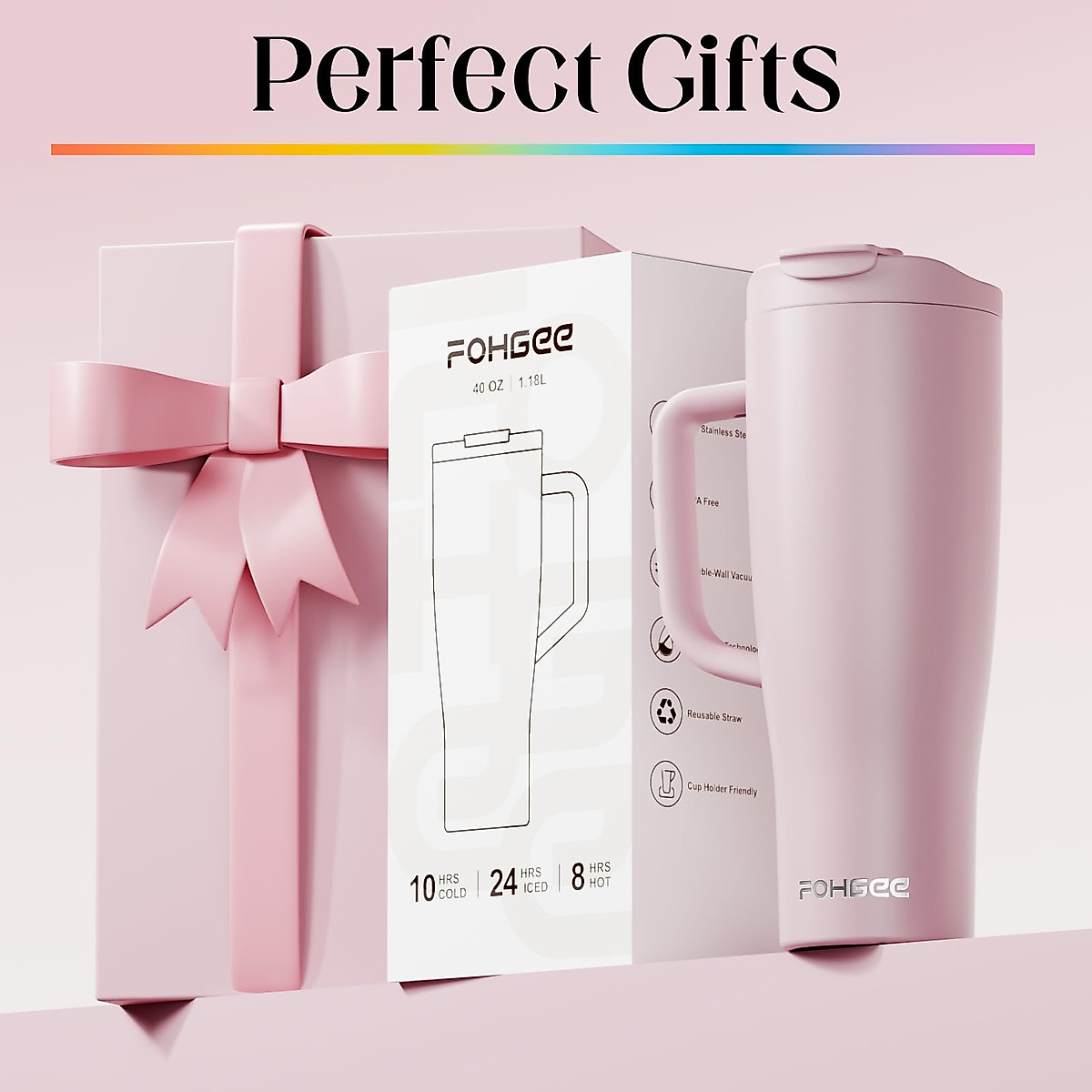 FOHGEE 40oz Tumbler with Handle and Straw Lid【Magnetic lid + Removable built-in straw】100% Leak-proof Travel Coffee Mug, Stainless Steel Insulated Cup, Keeps Cold for 24Hrs (ChillWave Pink Dream)