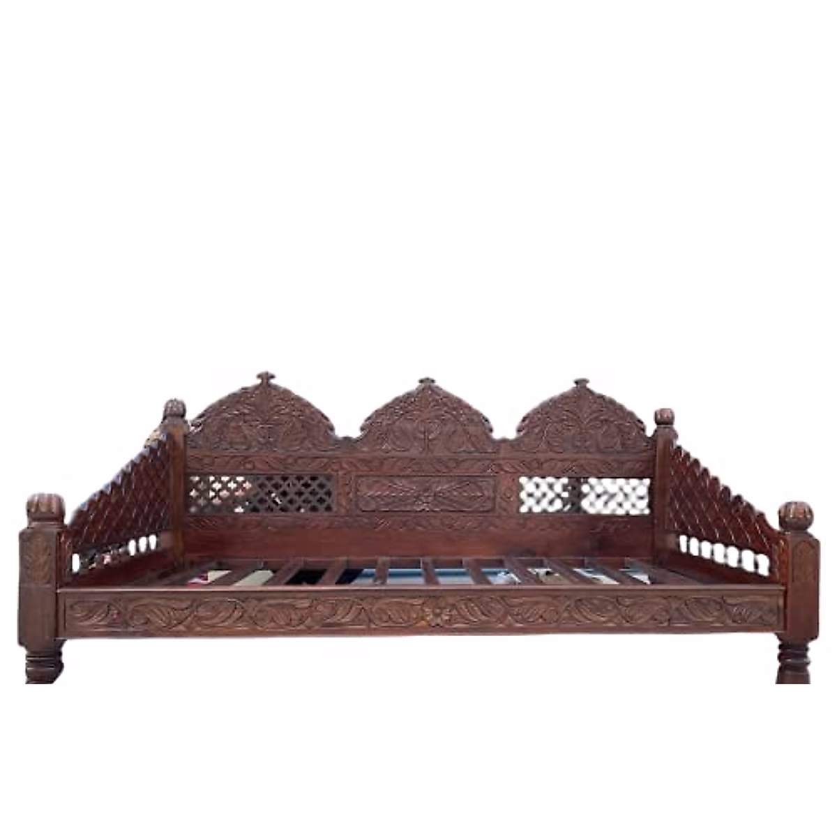 Worldcraft Industries Carved Arch DayBed. Medium Antique Finish. Twin XL Size. Handmade from Solid Mahogany Wood. Designed, Produced and Imported Indian Inspired Day Bed Sofa.