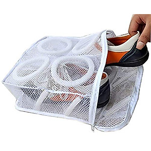 Reusable Zipper Net Shoes Wash Bag Gym Shoe Sneaker Trainers Dryer Bag Laundry Storage Organizer White Square
