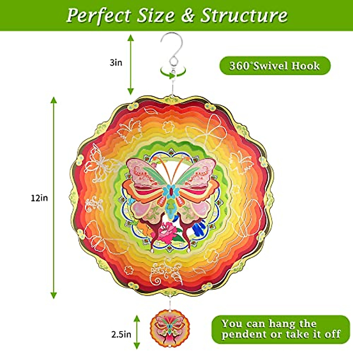 Butterfly Wind Spinners, Butterfly Gifts for Women Mom Grandma Wife, 12inch Large Metal Kinetic Wind Spinner, Hanging Wind Spinners Indoor Outdoor Decoration Decorations Ornaments