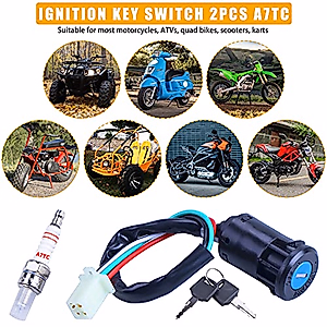 MWMNUN Ignition Key Switch 2pcs 4-Wire 4-pin and A7TC Spark Plug Replacement for Taotao Coolster Sunl 50cc 70cc 90cc 110cc 125cc Chinese ATV Dirt Bike Quad Go Kart Moped Scooter Parts