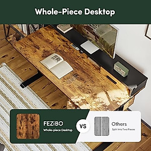 FEZIBO Whole-Piece Electric Standing Desk Adjustable Height with 3 drawers, 48 x 24 inches Stand up Desk with Monitor Shelf, Sit Stand Rising Desk with open storage, Rustic Brown (2 Packages)