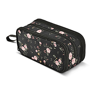 Pencil Case Big Capacity for Girl Boy Rose Floral Pink Flower Black Student Pencil bag Pen Pouch Large Stationery 3 Compartments Zippers Organizer School College Office Teens Adults