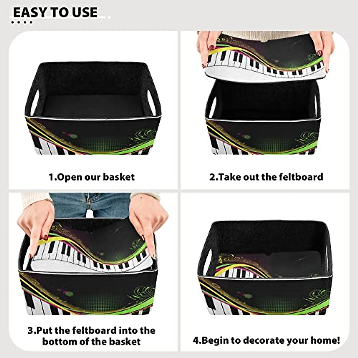 Black Piano Notes Storage Basket Felt Storage Bin Collapsible Shelves Basket Empty Gift Baskets Organizer for Pet Supplies Magazine