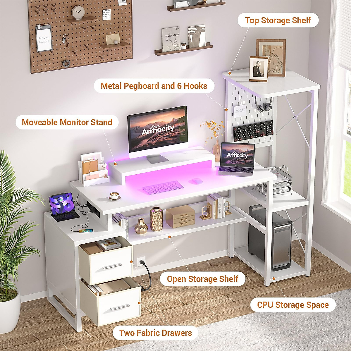 Computer Desk with 2 Fabric Drawers - Reversible Home Office Desk with Power Outlet & LED Lights, 53" Writing Desk with Monitor Stand & Storage Shelves, Gaming Desk Study Table with Pegboard, White