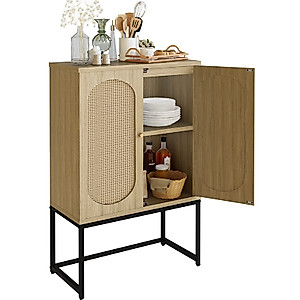 Lamerge Rattan Cabinet,2 Door Sideboard Buffet Cupboard Accent High Cabinet with Natural Rattan,Free Standing Bookmatch,Adjustable Shelves,Easy Assembly,Rustic Oak Beige (LRC-ob)