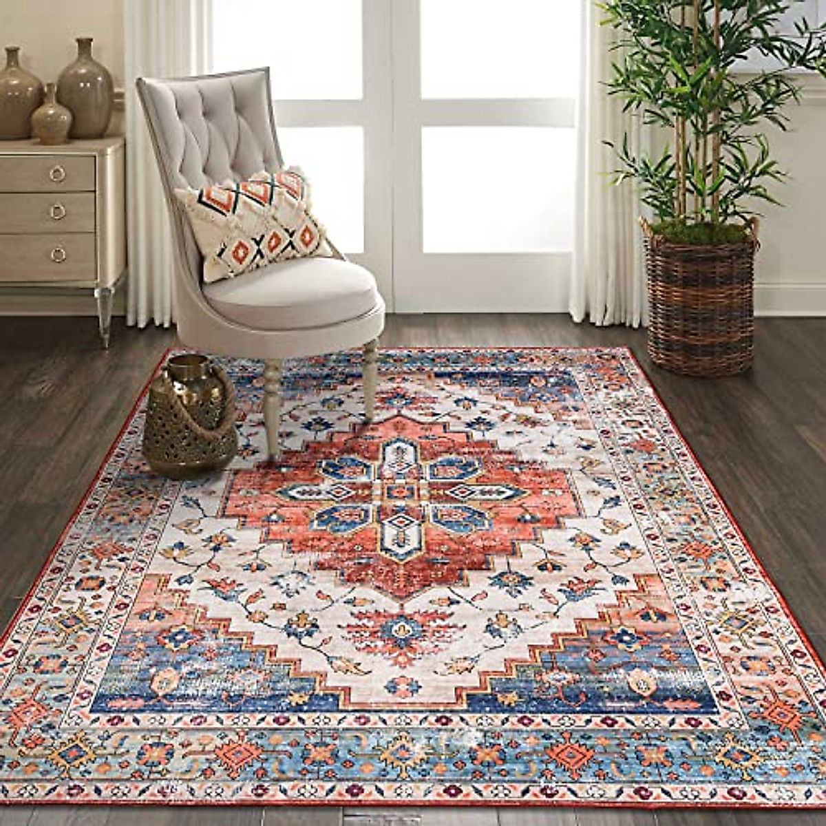 DECOMALL Sigrain Washable Rugs 5x7, Traditional Persian Rug with Rubber Backing, Distressed Medallion Area Rug for Living Room Bedroom Dinning Room, 5x7ft, Orange