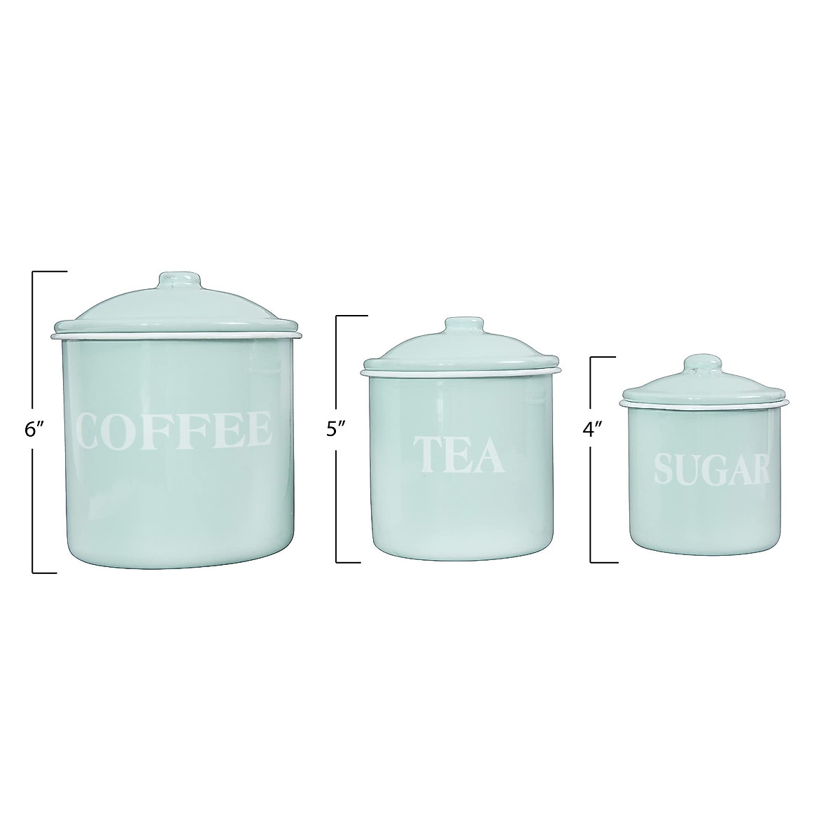 Creative Co-Op Metal Containers with Lids, Coffee, Tea, Sugar (Set of 3 Sizes/Designs) Food Storage, Mint Green