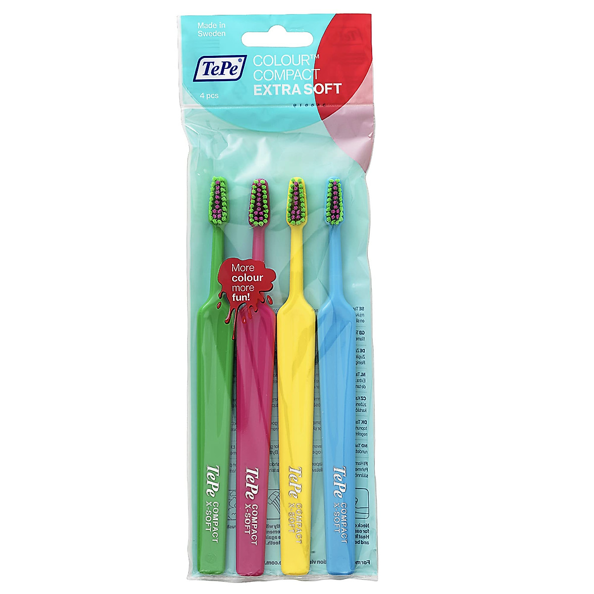 TEPE Colour Compact Extrasoft-Bristle Toothbrush, Colorful Toothbrush with Tapered Head and Angled Neck, 4 Pack