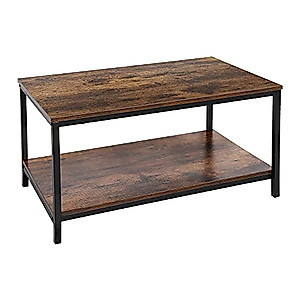 SUPER DEAL 2-Tier Industrial Coffee Table with Storage Shelf for Small Apartment Living Room, Rectangle Wood and Stable Metal TV Stand Side End Table, Rustic Brown