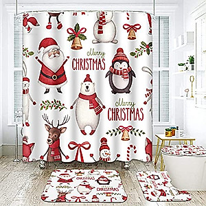 Britimes 4 Piece Shower Curtain Sets with 12 Hooks, Christmas Santa Claus Penguin with Non-Slip Rugs, Toilet Lid Cover and Bath Mat, Durable and Waterproof, for Bathroom Decor Set, 72" x 72"