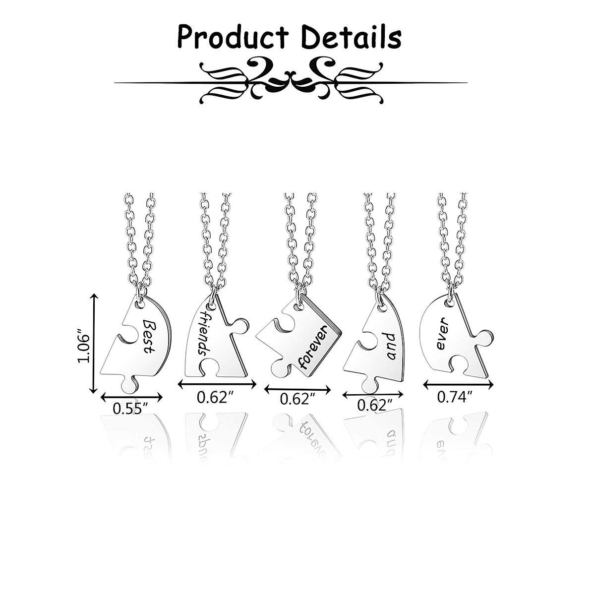 Jovivi Silver Tone Alloy BFF Necklace Best Friends Forever and Ever Heart Puzzle Piece Matching Necklaces Set of 5