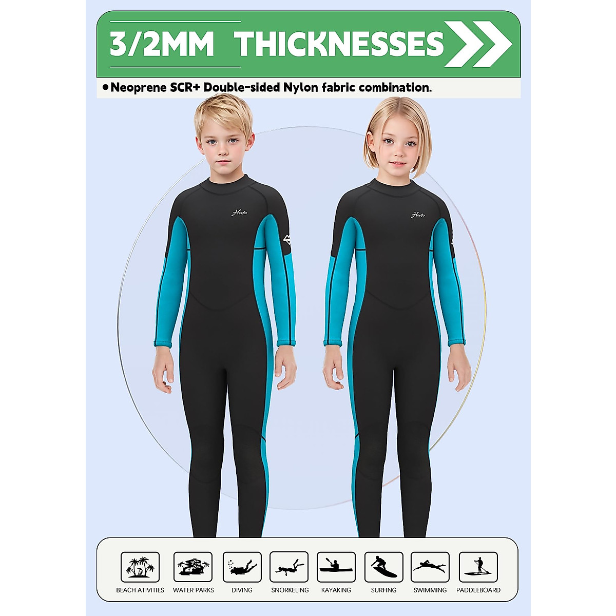 Hevto Wetsuits Kids 3/2mm Neoprene Full Wet Suit Thermal Children Boy Youth Girl Toddler for Swimming Water Sports (K01-Blue, 12)