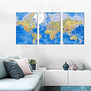 Blue World Map Wall Art Canvas Decor Poster for Office, Living Room, Home Bedroom Decoration 16"x24"x3 Pcs Framed