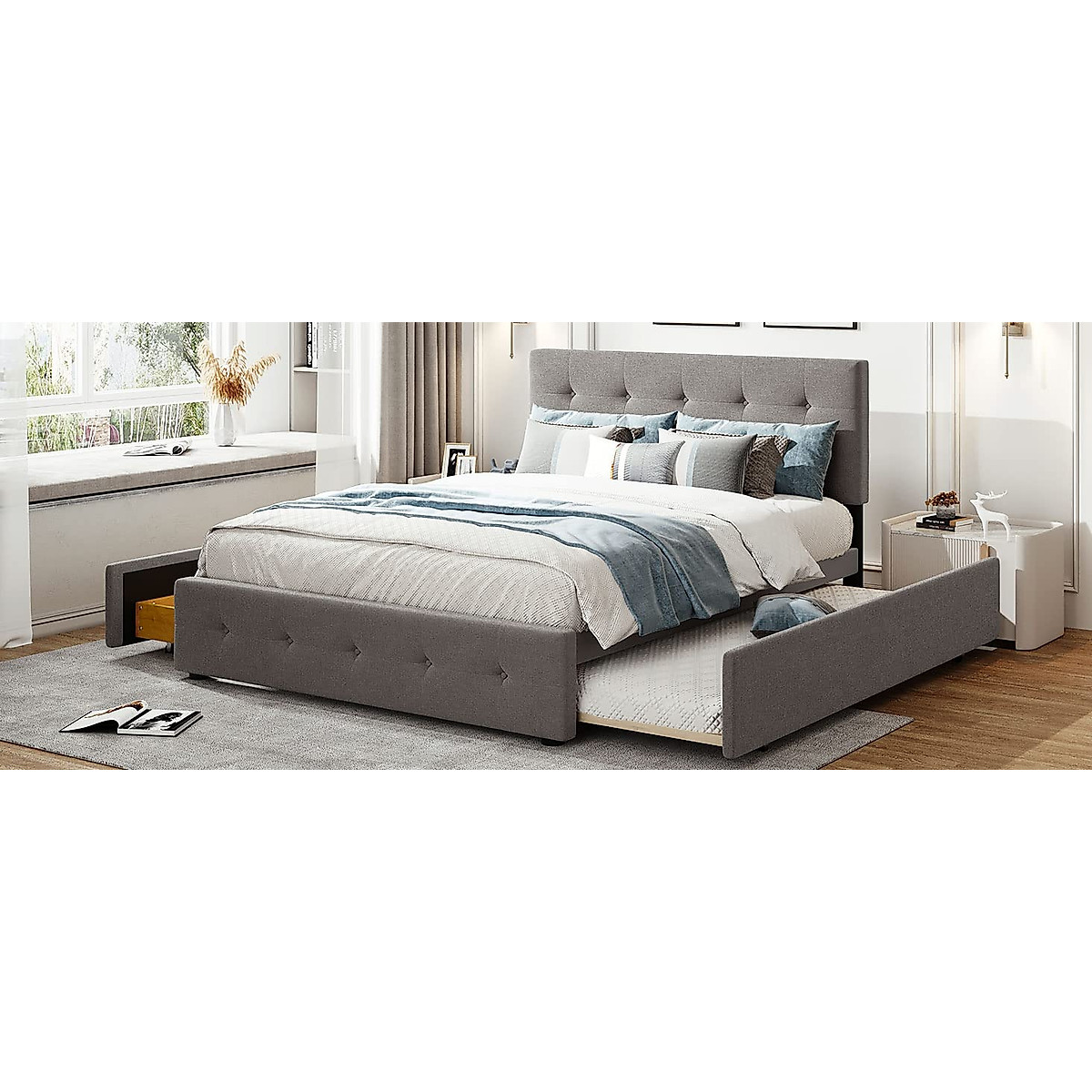 Bellemave Queen Size Platform Bed, Queen Linen Fabric Upholstered Platform Bed Frame with 2 Storage Drawers and 1 Twin XL Trundle, Ideal Bedroom Furniture, No Box Spring Needed (Light Gray)
