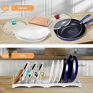 Zvonema ZNM Pan Organizer, Expandable Pot and Pan Organizer for Cabinet, Pots Lid Organizer Rack Holder with 10 Adjustable Compartment for Kitchen Pantry Storage, White