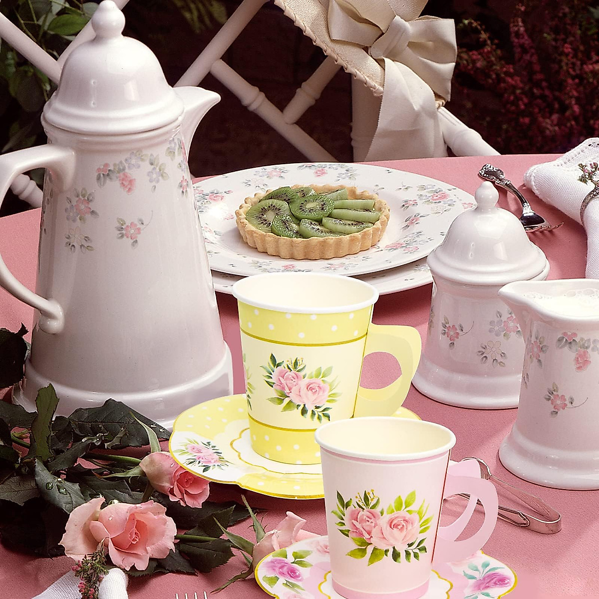 ceiba tree Floral Paper Disposable Tea Cups with Handle and Saucers Tea Party Decorations Favors 24 Sets for Girls Women Flower Birthday Baby Shower Wedding Party Supplies