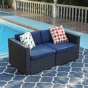 PHI VILLA 2-Piece Patio Loveseat Sofa Set with Cushions, All-Weather Use Outdoor Rattan Sectional Sofa (Navy Blue)