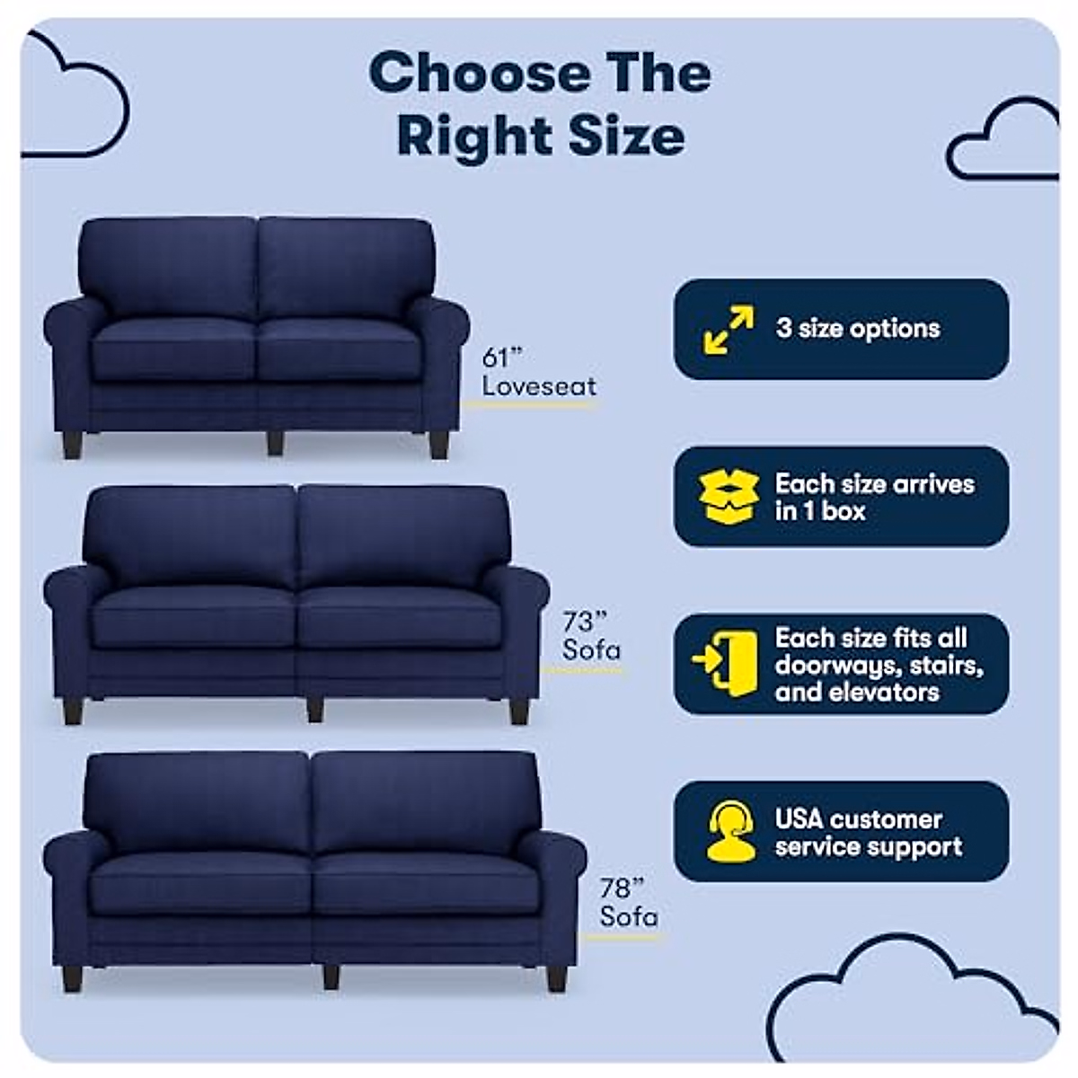 Serta Copenhagen 73" Rolled Arm Sofa, Easy Care Polyester, Soft Pillow Back, Pocket Coil Seat Cushions, Removable Covers, Loveseat or Couch for Small Spaces, Living Rooms or Bedrooms, Navy Blue