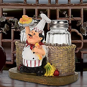 Salt and Pepper Shakers Set, Cute Fat Chef Decorative Statue Spice Organizer, with Holder Figurine Gift for Family, Kitchen, Restaurant, Cafe, Bakery (E14-15018-B)