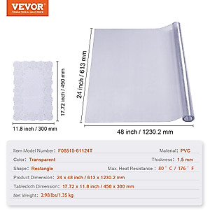 VEVOR Clear Table Cover Protector, 24" x 48" Rectangle Table Cover, 1.5 mm Thick PVC Plastic Tablecloth, Waterproof Desktop Protector for Writing Desk, Coffee Table, Dining Room Table