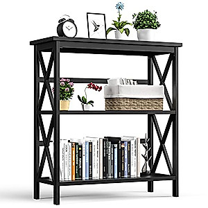 Tangkula 3-Tier Bookshelf, Vintage Wooden Bookcase with X-Style Frame, Anti-Toppling Device, Open Shelf Bookcase for Entryway Living Room Home Office, Multifunctional Storage Shelf (Black)