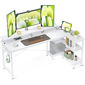 ODK Small L Shaped Desk, 66 inch Corner Desk with Reversible Storage Shelves, Computer Desk with Monitor Shelf and PC Stand for Home Office, Gaming Desk with Headphone Hooks, White