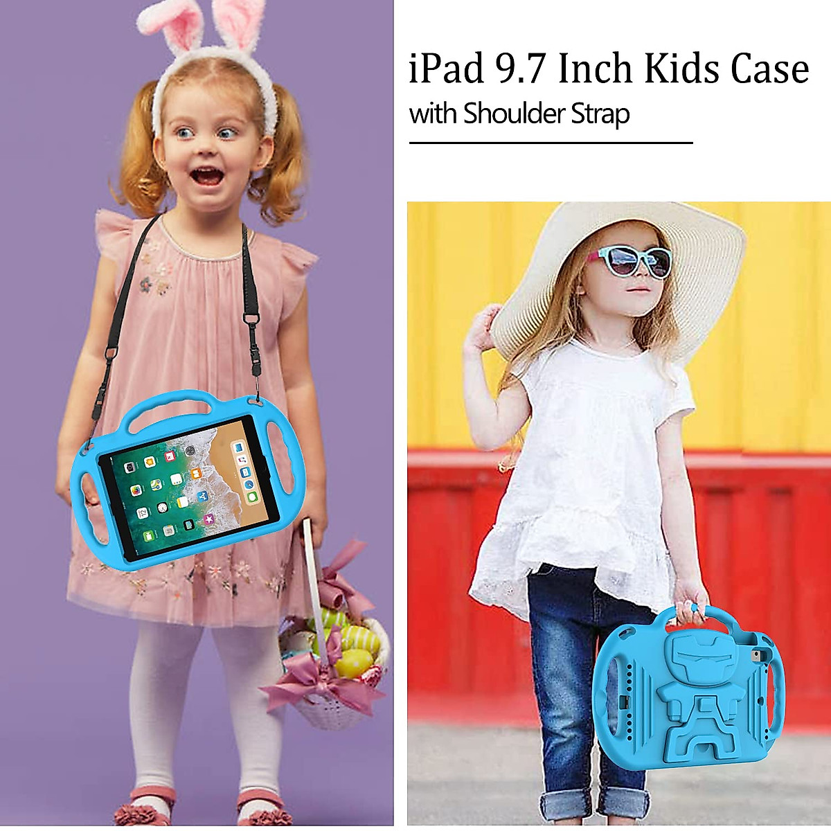 LTROP Kids Case for iPad 5th/6th Generation (2017/2018) & Air 2, Shoulder Strap Handle Stand Shockproof Bumper Cute Kid Case for iPad 9.7 Inch, Blue