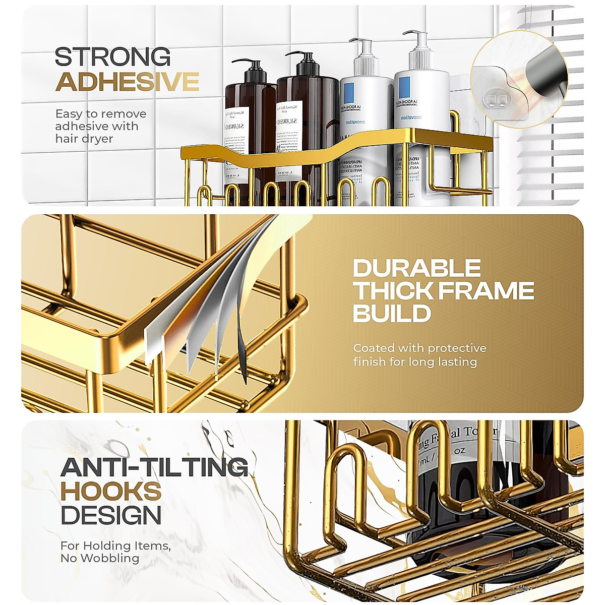 Luxury Style Stainless Steel Shower Caddy Set - Rustproof, Durable, and Adhesive Hanging Bathroom Organizer Kit with 5 Pieces | Shower Caddy Organizer | Bathroom Decor (Luxury Gold)