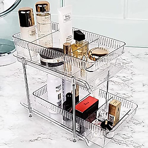 2 Tier Clear Pull Out Organizers and Storage - Snack Organization for Pantry w Lids/Dividers, Slide-Out Under Sink Organizer for Bathroom and Kitchen, Cabinet/Countertop Acrylic Drawers Medicine Bins