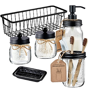 Premium Mason Jar Bathroom Accessories Set (6PCS) - Lotion Soap Dispenser,Toothbrush Holder,2 Apothecary Jars(Qtip Holder), Soap Dish,Storage Organizer Basket - Rustic Farmhouse Decor (Black)