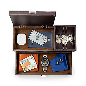 HOUNDSBAY Valet Tray and Nightstand Organizer - Hand Crafted EDC Tray with Phone Area, Cable Cutaway, Drawer – Durable, Scratch Resistant Materials - Compact Footprint with Ample Storage - Valet Box