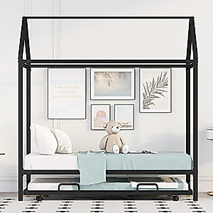 Merax Twin Kids Day Bed House Shaped Low Beds, Wood Platform Bed Frame for Girls, Boys, No Box Spring Needed, Easy Assemble (Twin,Black